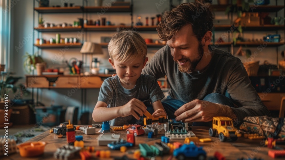 Bonding over DIY, father and son assembling furniture, focus and fun, living room workshop ...