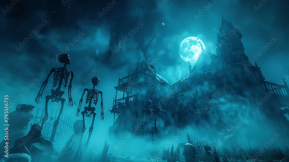 An eerie scene of laughing fog swirling around dancing skeletons, the ...