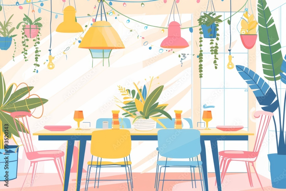 Cartoon cute doodles of a vibrant dining area with colorful table ...