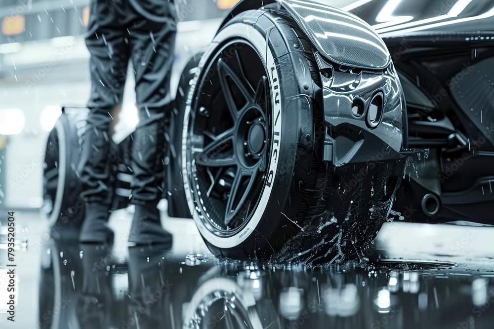 A closeup shot of the custom wide body wheels of the aerodynamic bed ...