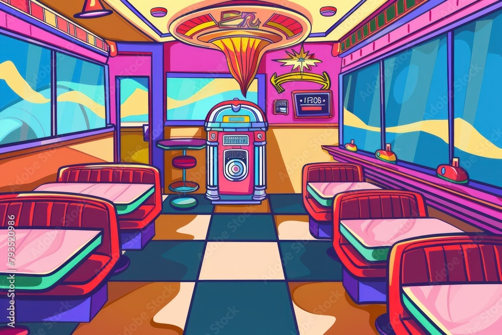 Cartoon cute doodles of a retro diner with colorful booths, jukebox ...