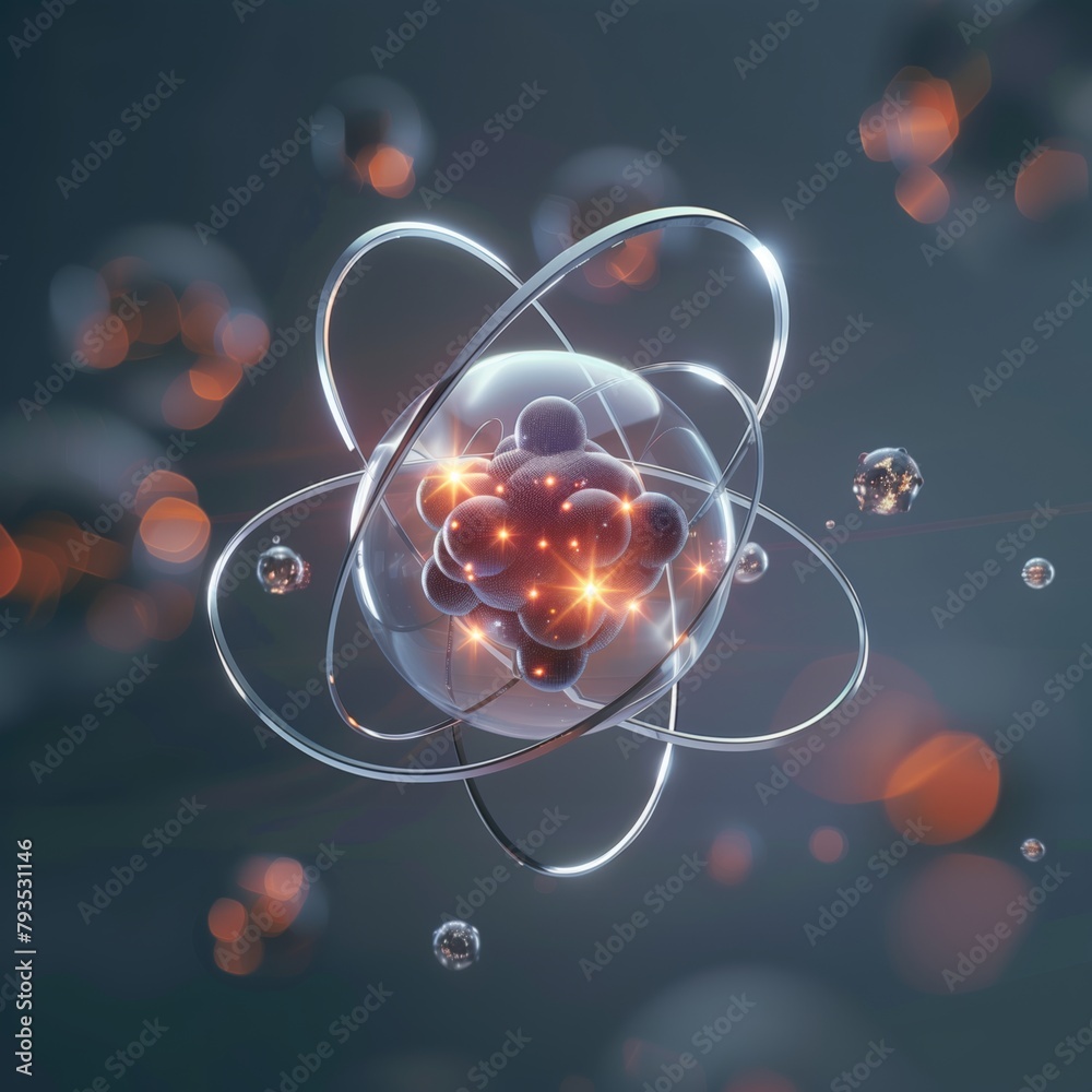 A visually captivating model of an atom showcases glowing nuclei and ...