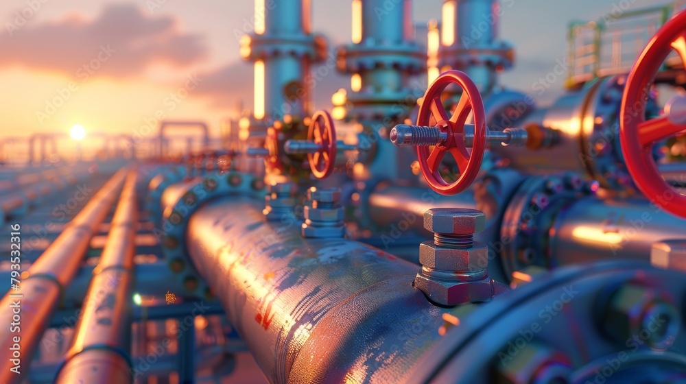 Banner showcasing a row of industrial pipelines and valves with red ...