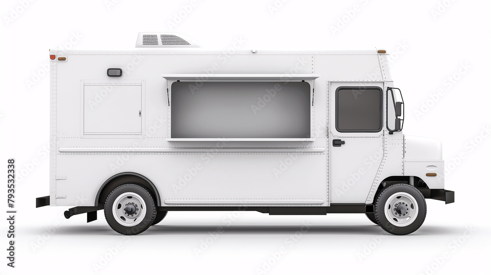 Mockup of white food truck with an open blank window on the side on a ...