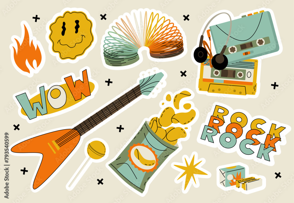 Musical set of y2k stickers in a modern flat style. Culture and ...