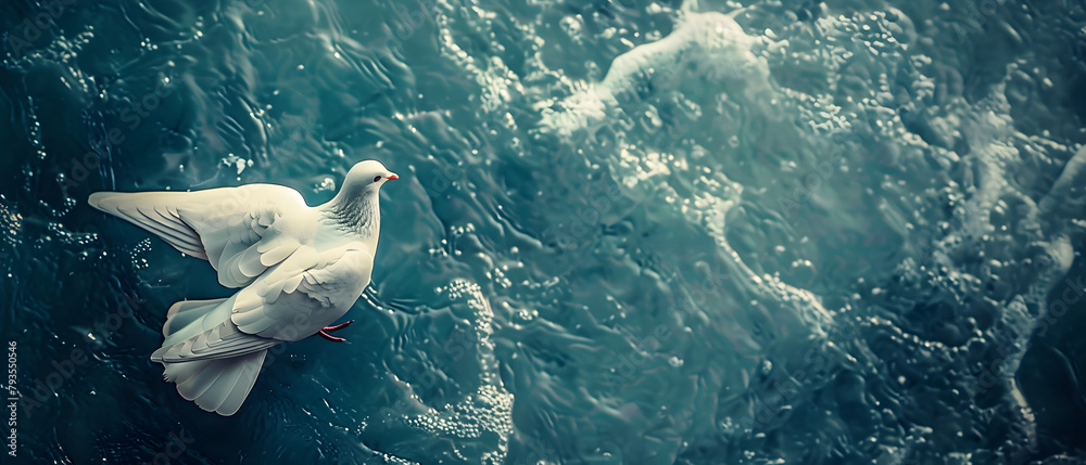 A white dove is flying over the ocean. The water is calm and the sky is ...