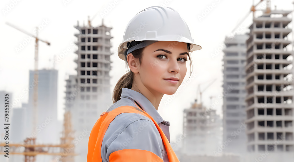 Diffused watermark Portrait of a young construction worker woman with ...