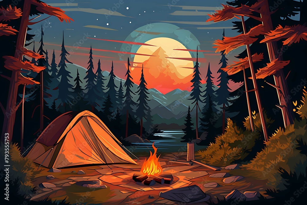 Nighttime camping scene with a tent, campfire, and a full moon ...