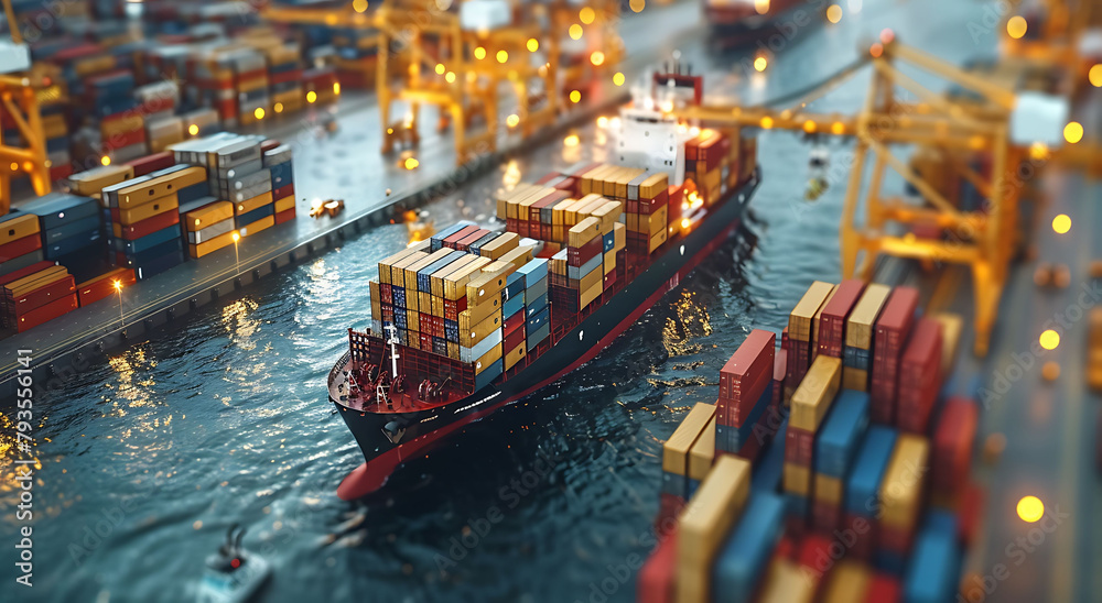 A cargo port with trucks and ships, ready to carry goods from around ...