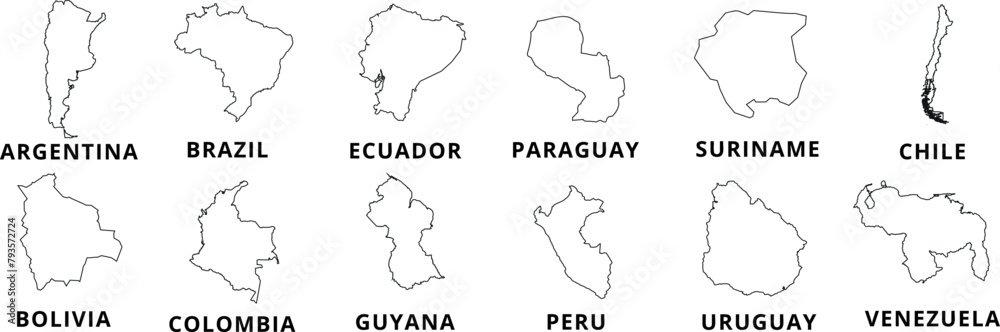 South American countries map outline vector, black map line art ... South American countries map outline vector, black map line art ...