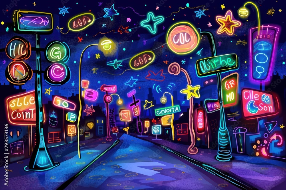 Cartoon cute doodles of colorful street signs and neon lights ...