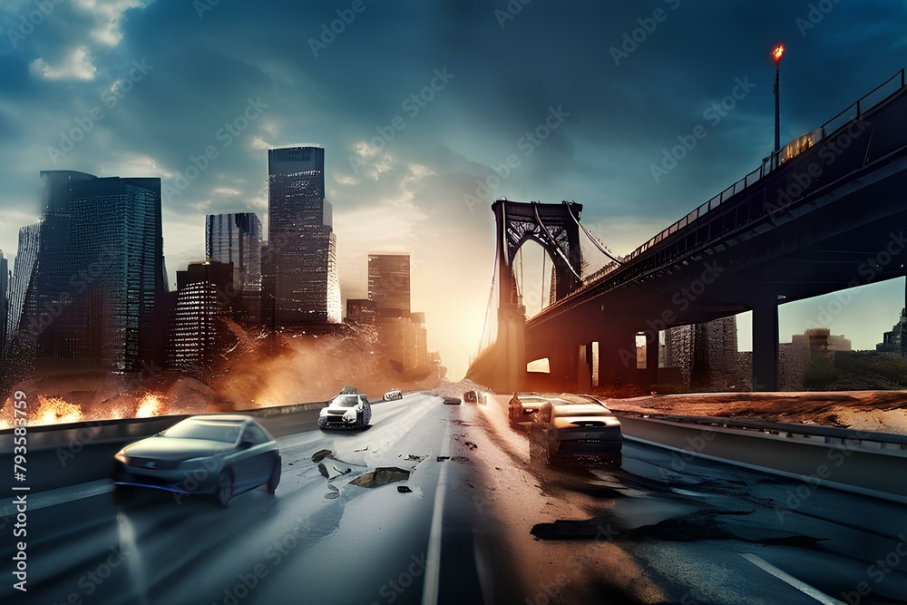 generic cars on highway or bridge in a cinematic aftermath scene of ...