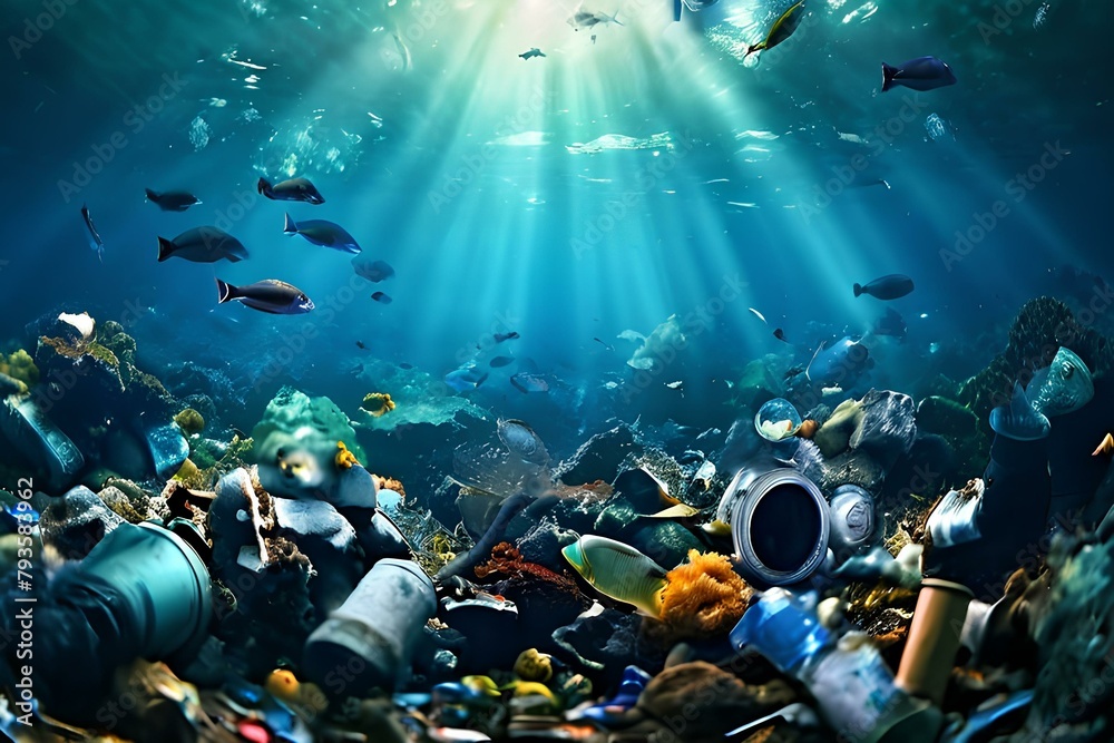 undersea or ocean bottom full of garbage and plastic waste as wide ...