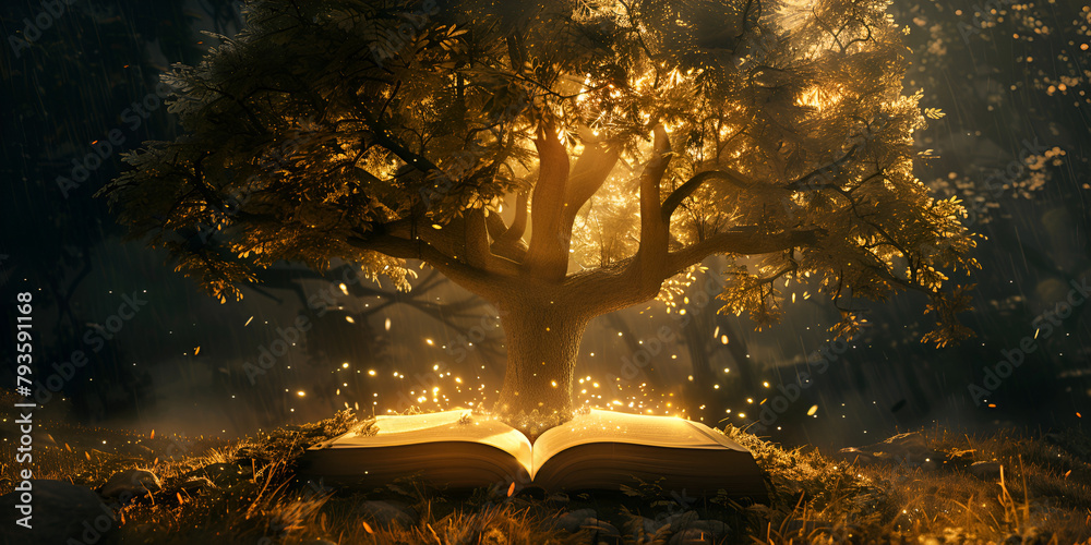 Mystical Tree Growing from Open Book in Enchanted Forest Scene Stock ...