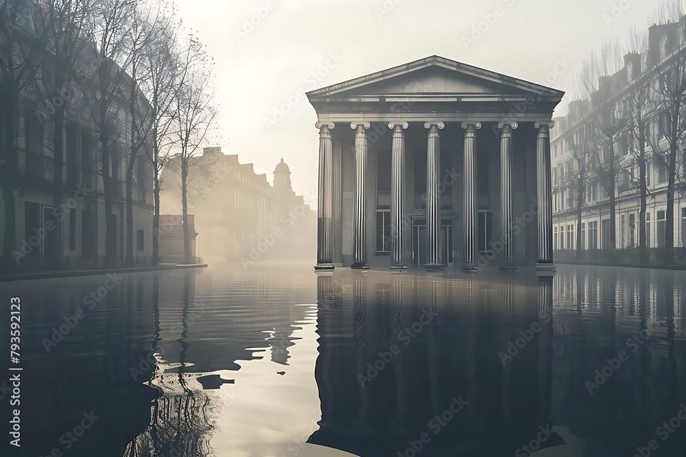 a grand neoclassical bank building submerged halfway in clear ...