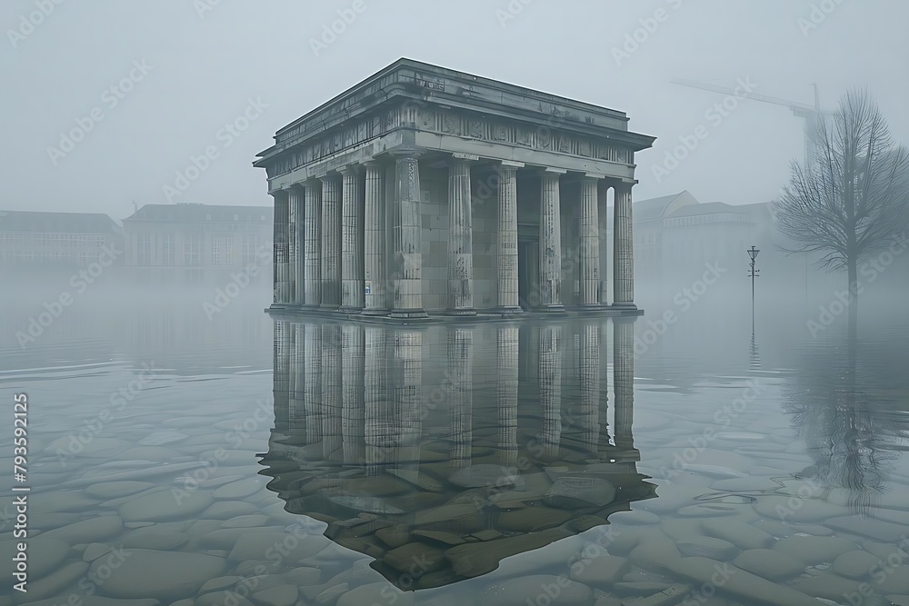 a grand neoclassical bank building submerged halfway in clear ...