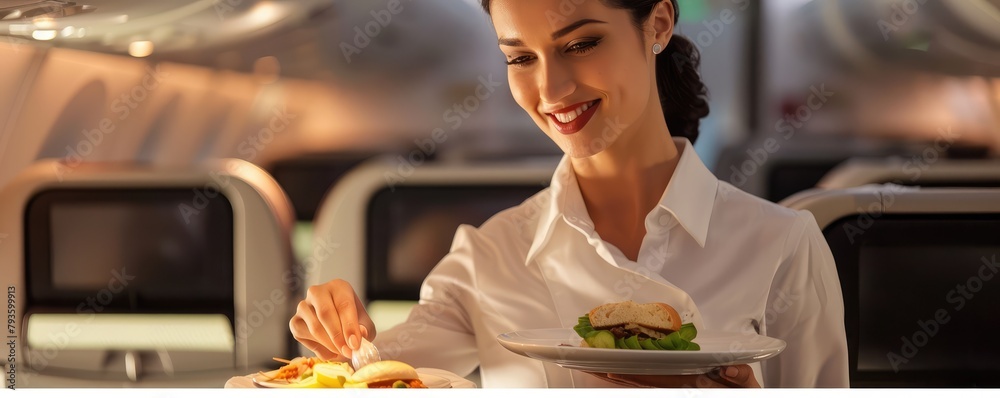 Charming flight attendant offering a meal service with a smile in an ...