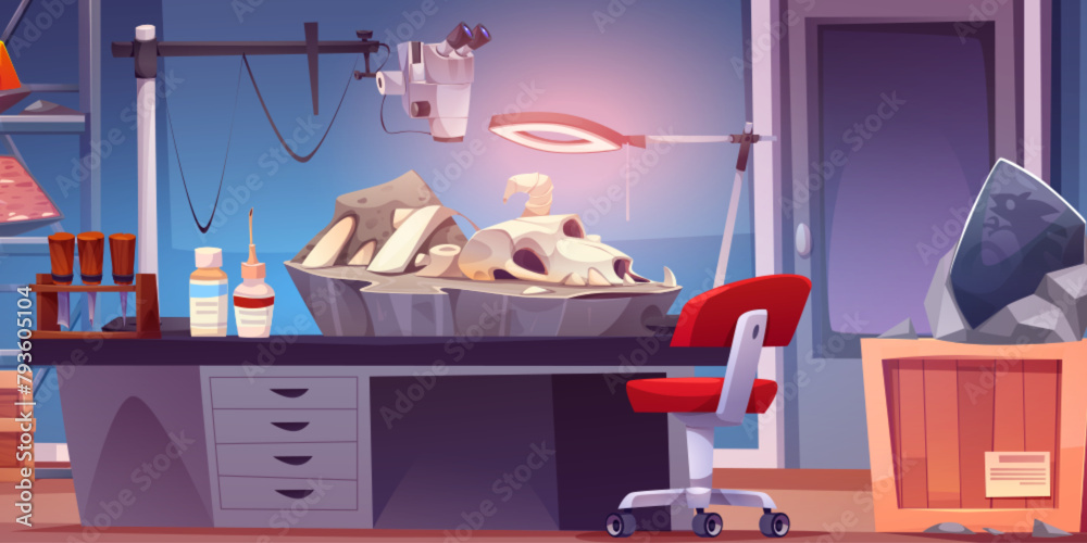 Fossil lab interior with research tools and exhibits under study ...