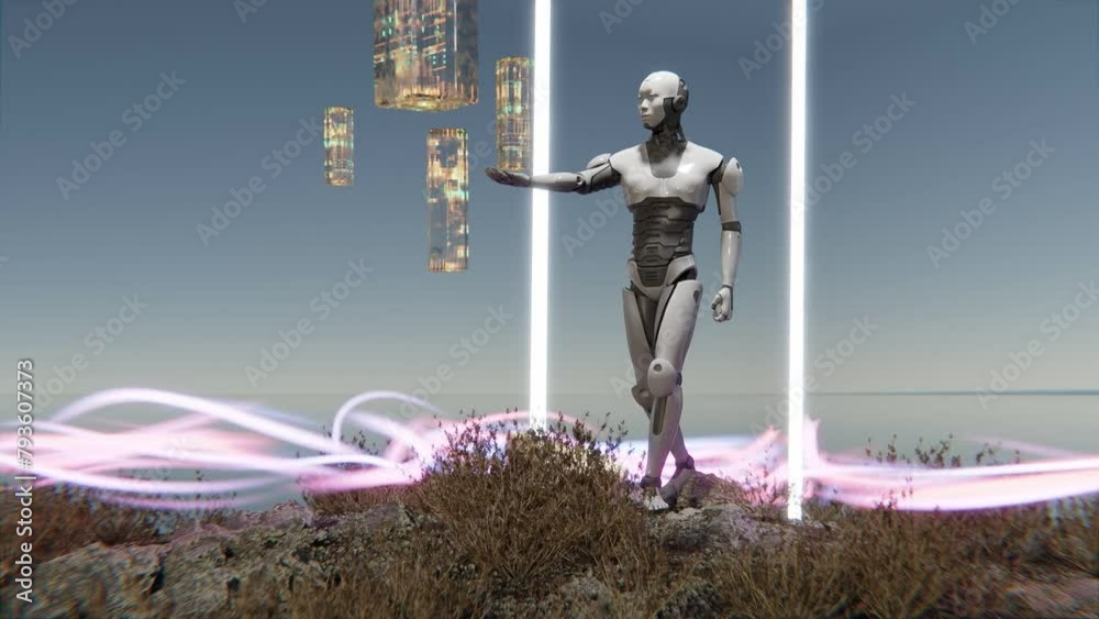 humanoid prototype cyborg artificial intelligence robot stand in nature ...