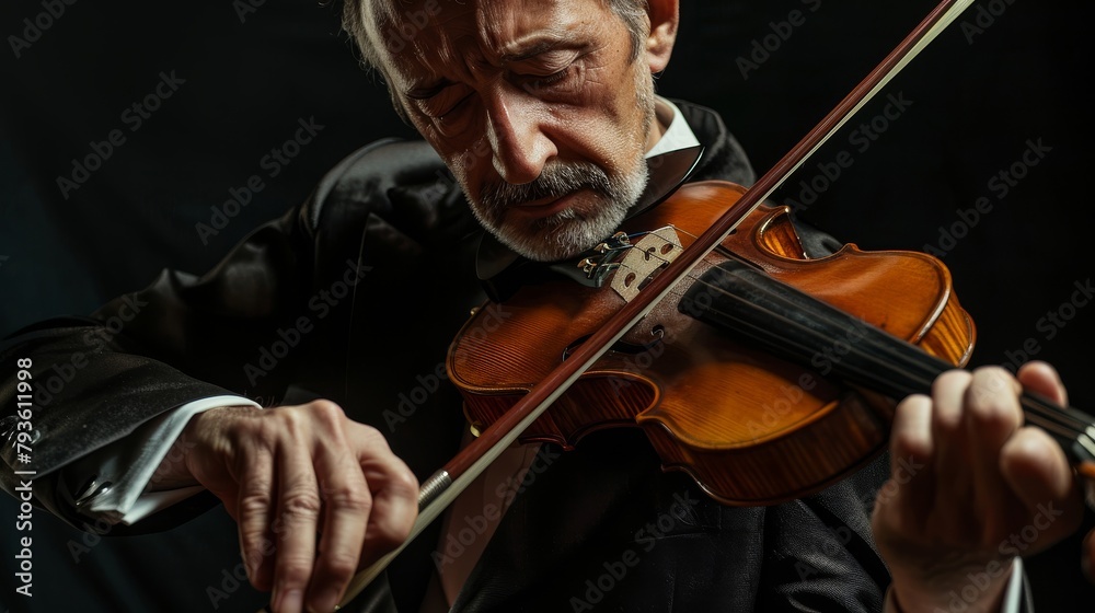 A musician in performance attire, playing a violin, emotionally intense ...