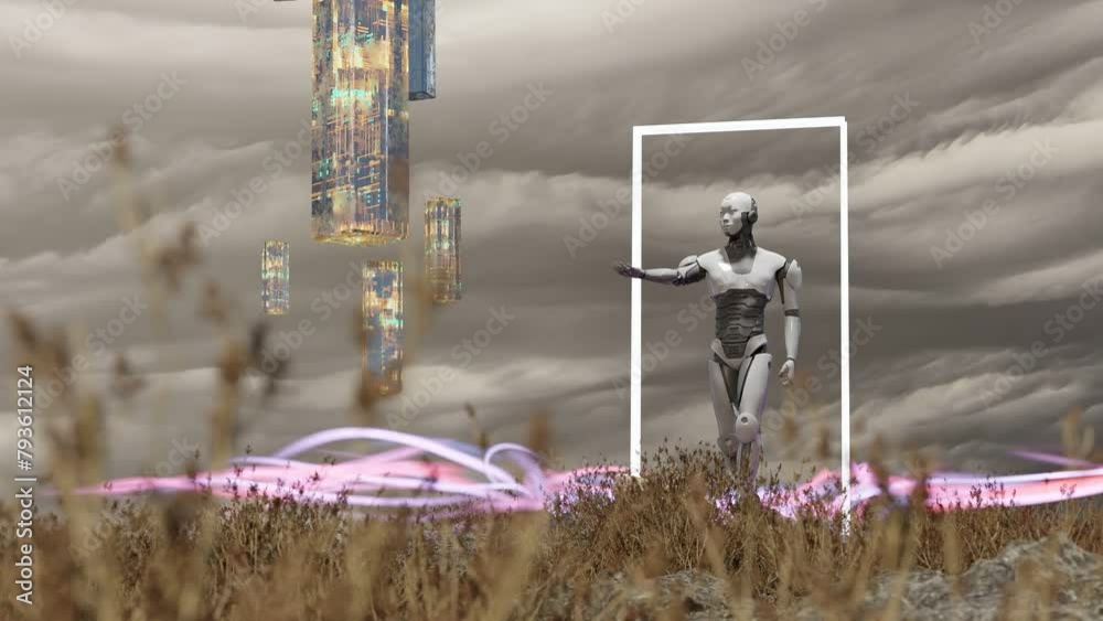 humanoid prototype cyborg artificial intelligence robot stand in nature ...