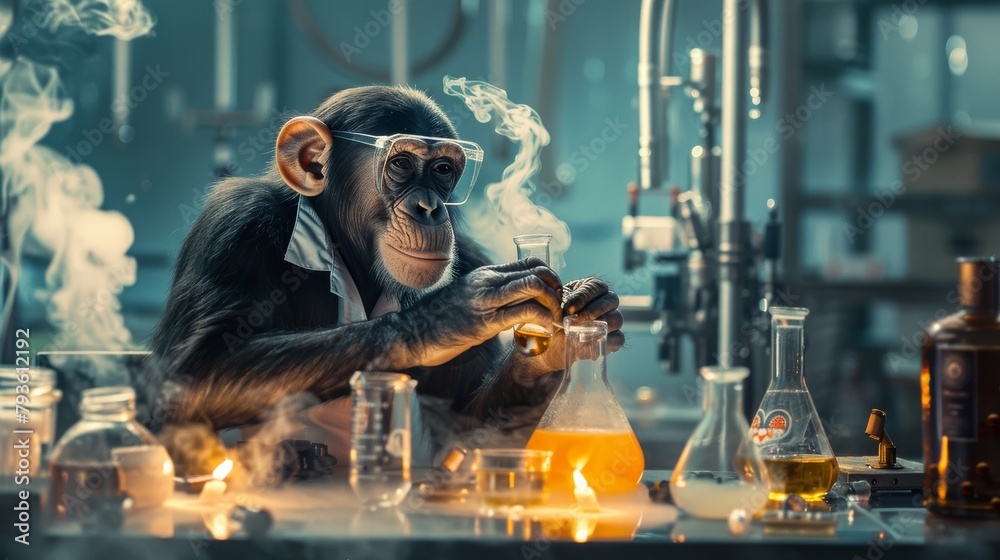 A monkey dressed as a scientist, conducting experiments in a high-tech ...