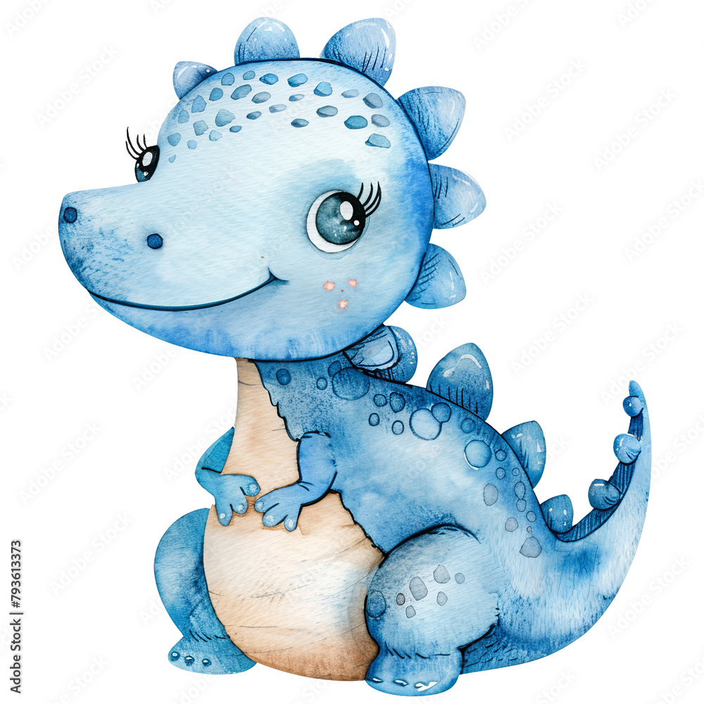 Cute baby blue dinosaur watercolor clipart illustration isolated on ...