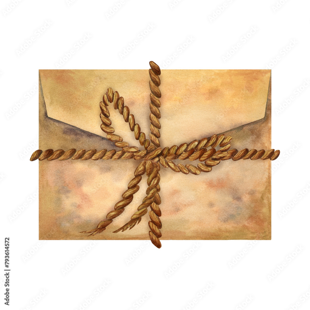 Old vintage mail envelope of beige parchment paper tied with a brown ...