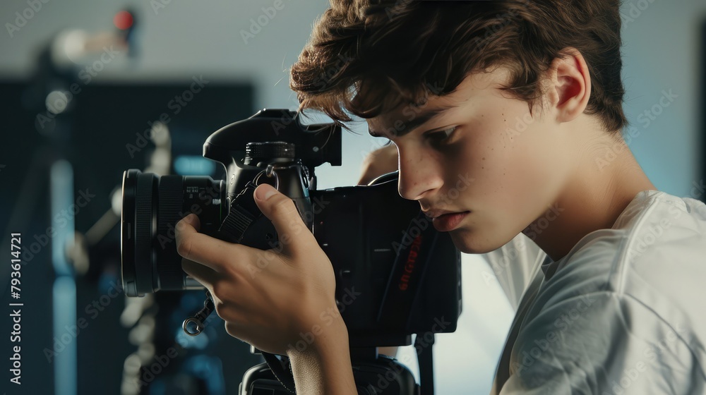 Candid image of a young photographer in action, adjusting camera ...