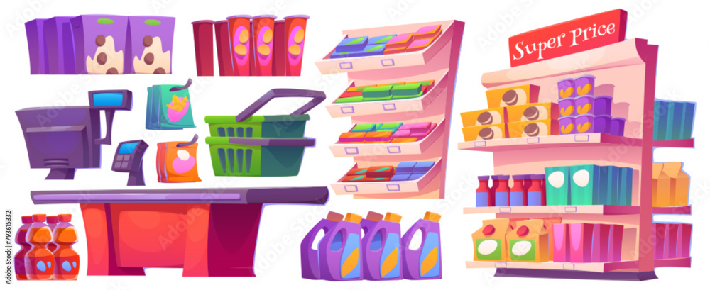 Grocery supermarket interior furniture cartoon set. Super market aisle ...