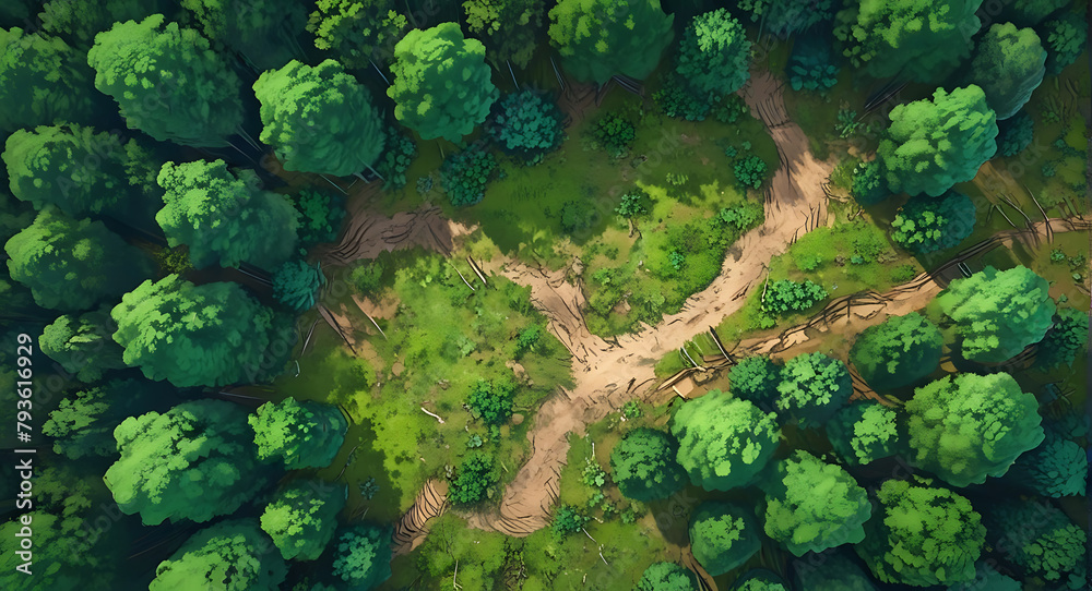 An Aerial top down view of a green forest with human footprint in the ...