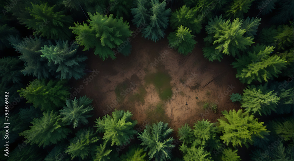 An Aerial top down view of a green forest with human footprint in the ...