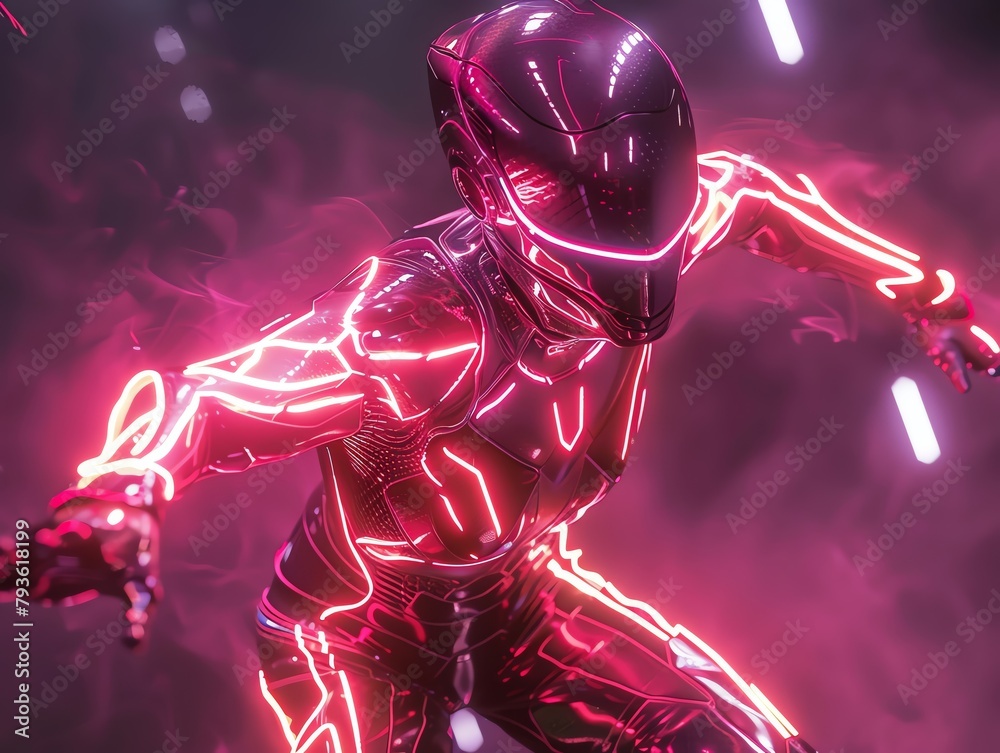 Capture a futuristic dancer in a sleek metallic suit mid-motion, with ...