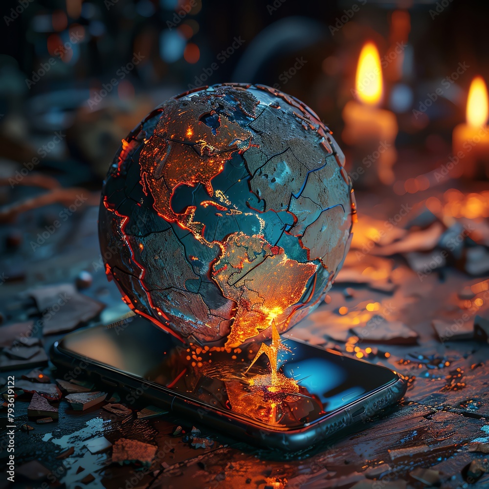 Focus is on a cracked smartphone screen displaying a fractured world ...
