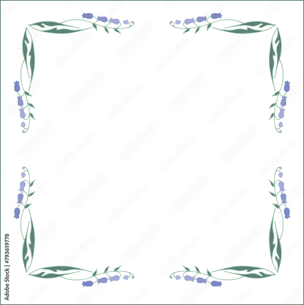 Green floral frame with blue flowers, bluebells decorative corners for ...