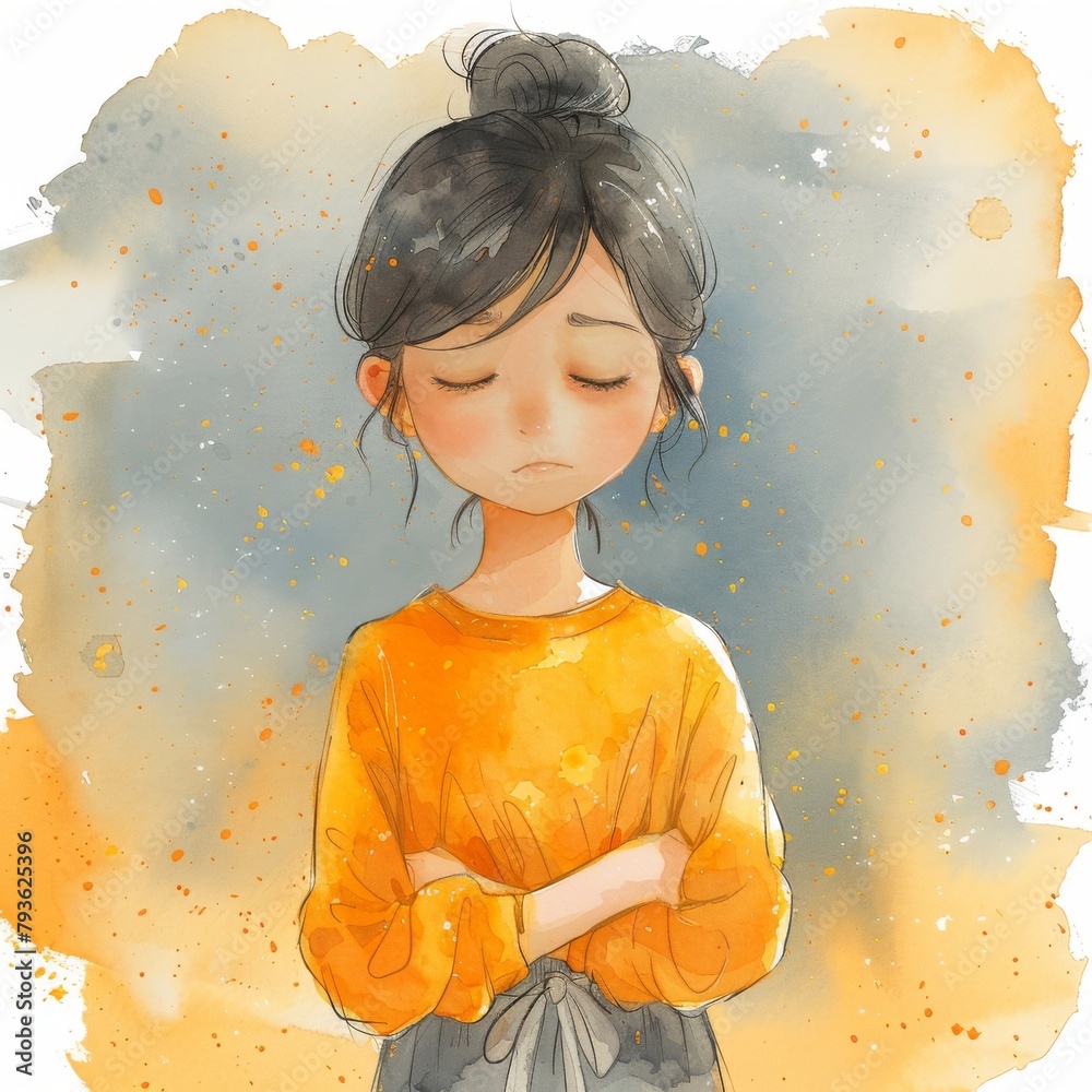 A girl holds her stomach because she is hungry. The kid is thinking ...