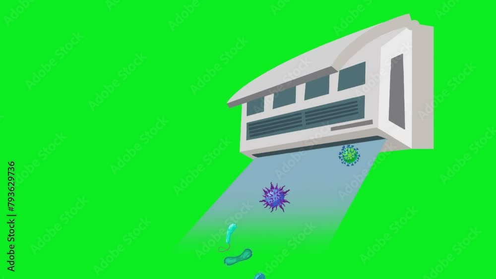 2d animated cartoon a wall-mounted air conditioner from which germs and ...