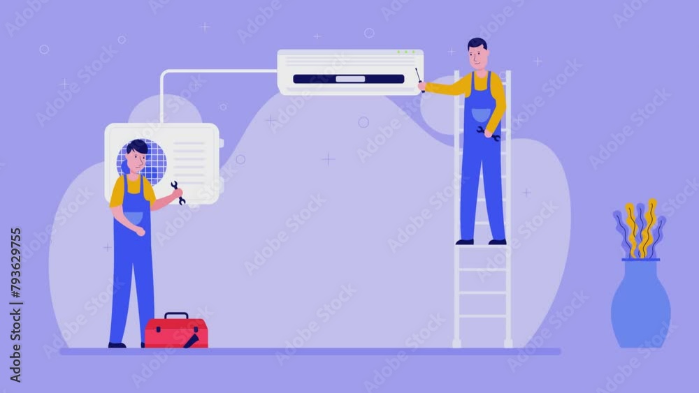 2d animated cartoon motion graphics of two air conditioner repair men ...