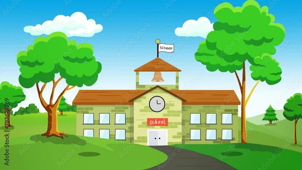 2d animated cartoon Landscape background and school building with bell ...