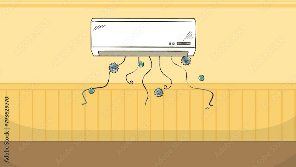 2d animated cartoon A wall-mounted air conditioner that emits dirty and ...