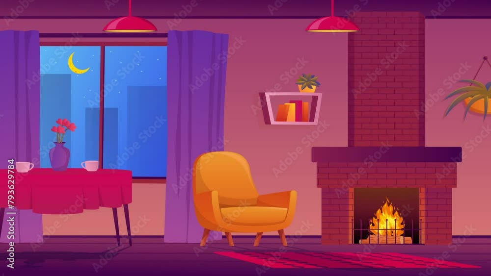 2d animated cartoon background of interior of a warm house with a ...