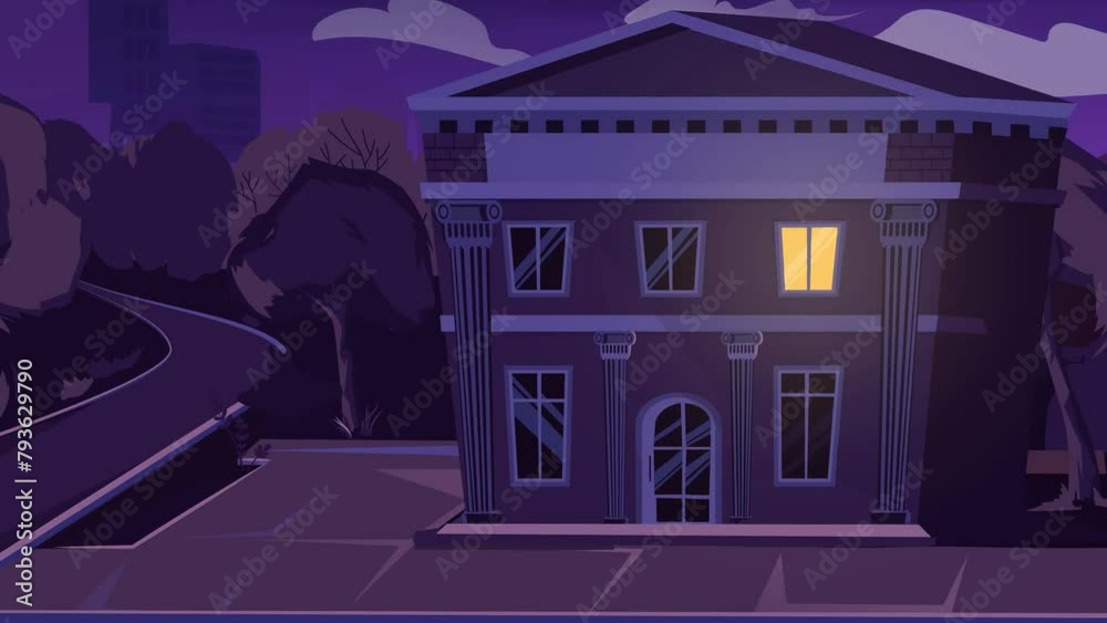 2d animated cartoon background of a villa house in the city at night ...
