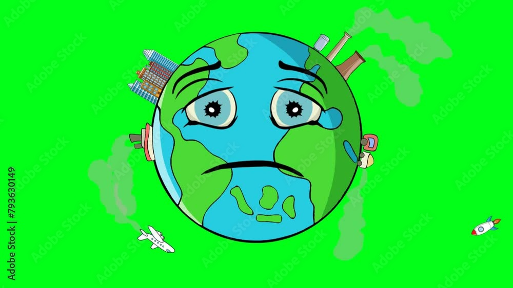 2d animated cartoon character of planet earth and machines factories ...