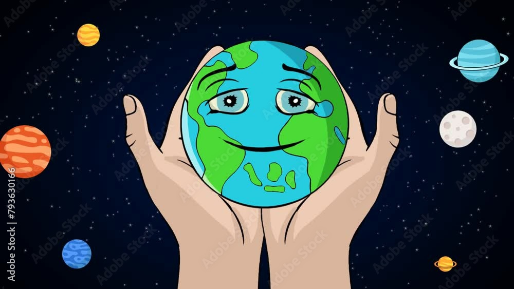 2d animated cartoon planet Earth is a character who is sad and crying ...