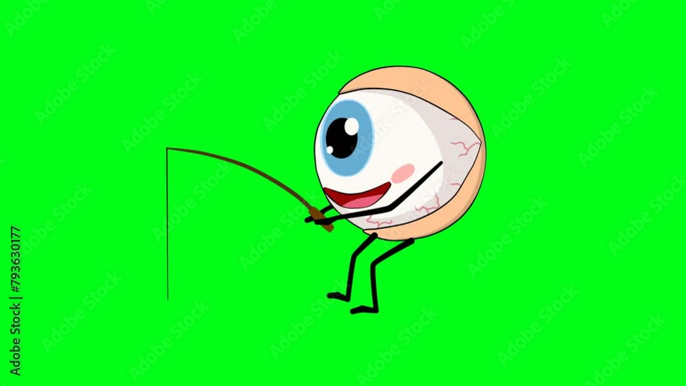 2d animated cartoon eye character Fishing with a hook in her hand and ...