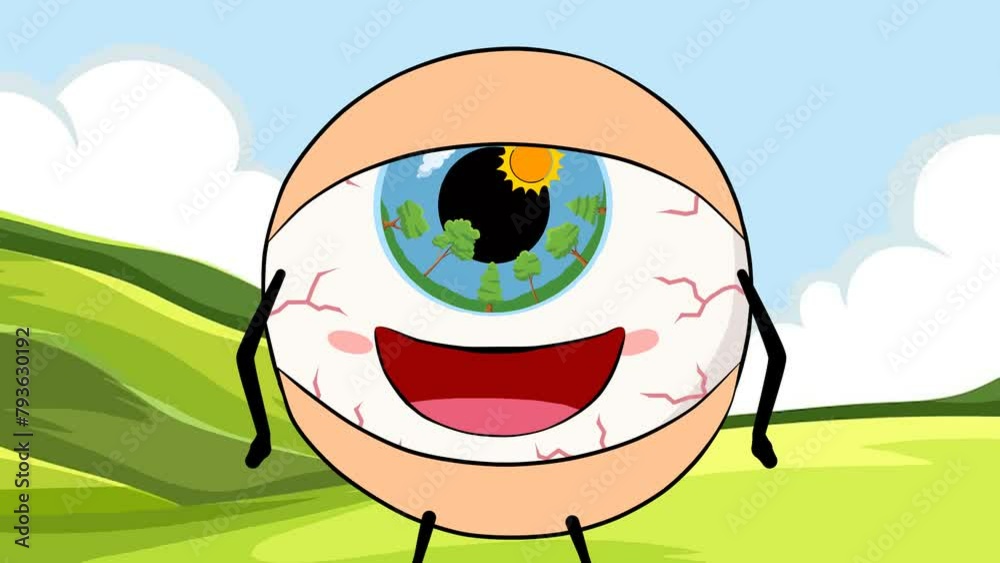2d animated cartoon eye character reflection of elements of nature in ...