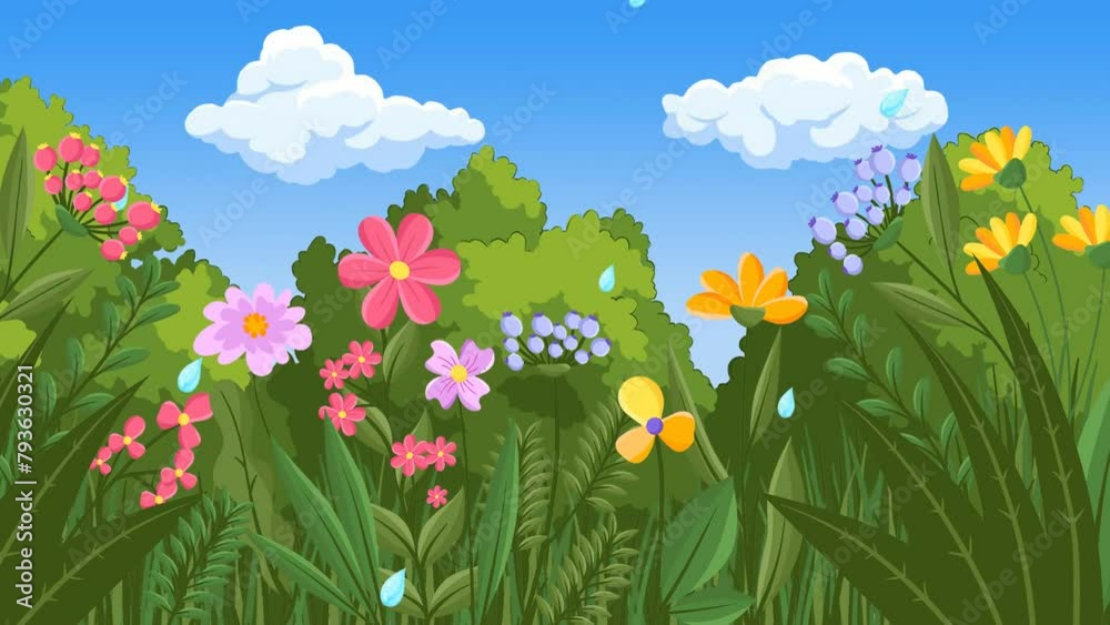 2d animated cartoon Watering and sprinkling water on fresh nature ...