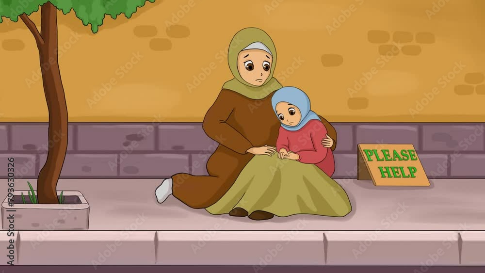 2d animated cartoon Feeding food to character of a poor and needy woman ...
