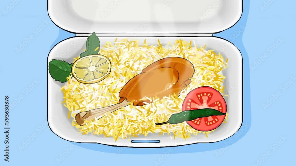 2d animated cartoon A dish of ready-made chicken and rice stew that is ...