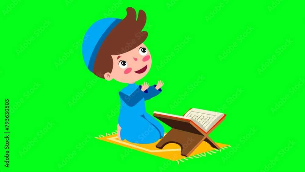 2d animated cartoon Muslim boy character reading Quran for Islam in ...